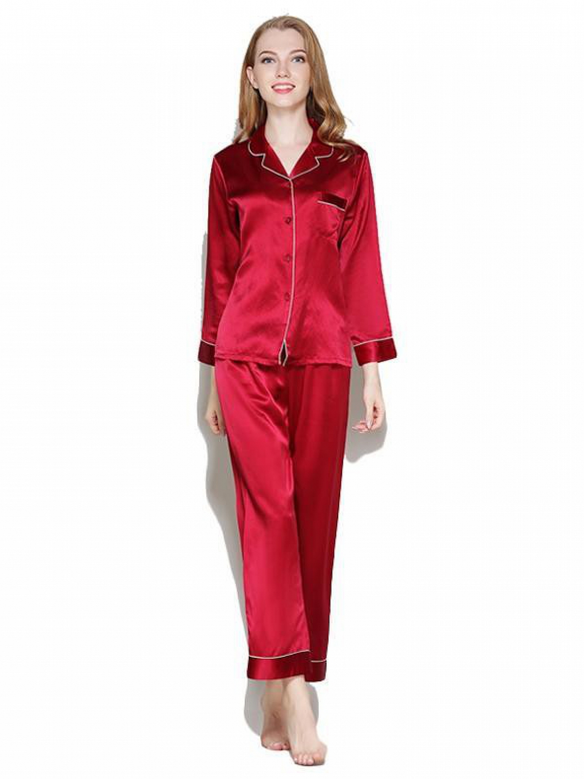 Langes Klassisches Pyjama Set aus Seide für Damen Seidenpyjama ...